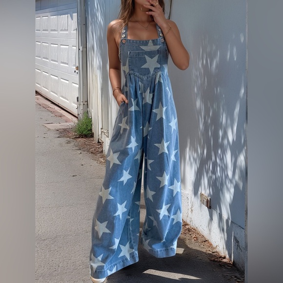 Jeans | Star Square Neck Wide Leg Denim Overalls | Poshmark